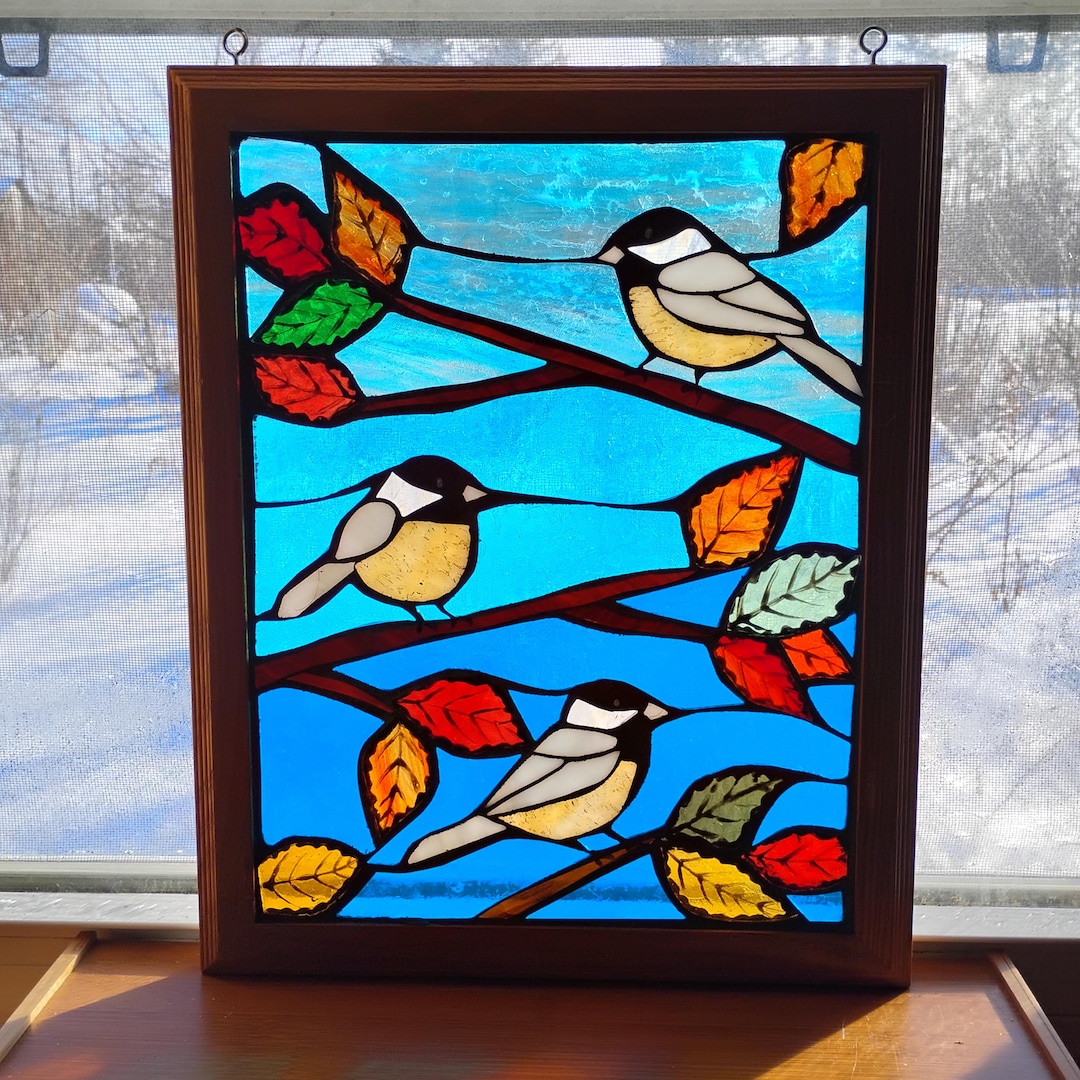 Stained Glass Chickadee Mosaic Panel: Autumn Leaves, Vintage Wood Frame ...