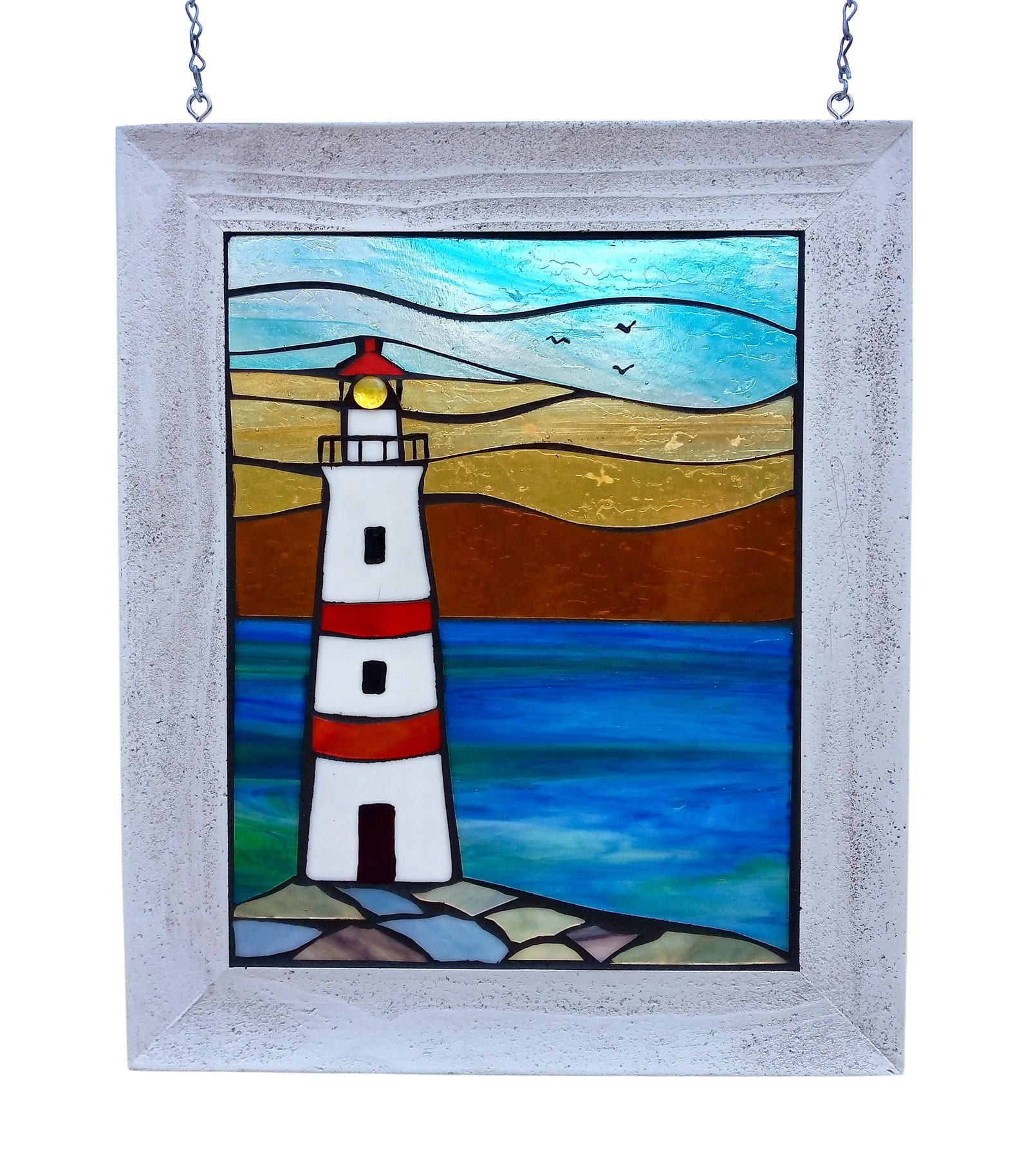 Round Lighthouse Ocean Landscape Stained Glass Mosaic Panel | Etsy