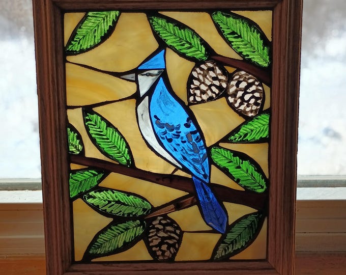 Blue Jay Stained Glass Mosaic Window Panel, Blue Bird Suncatcher for ...