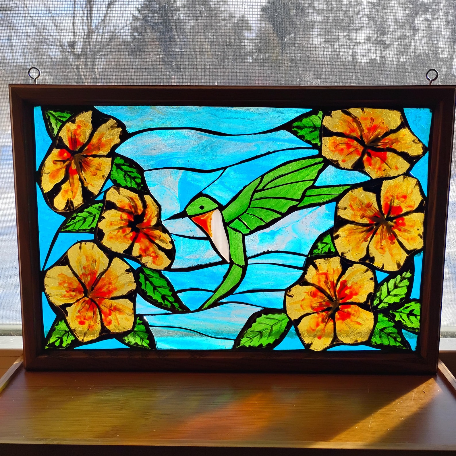 Ruby-throated Hummingbird Stained Glass Mosaic: Artwork for Hanging in ...