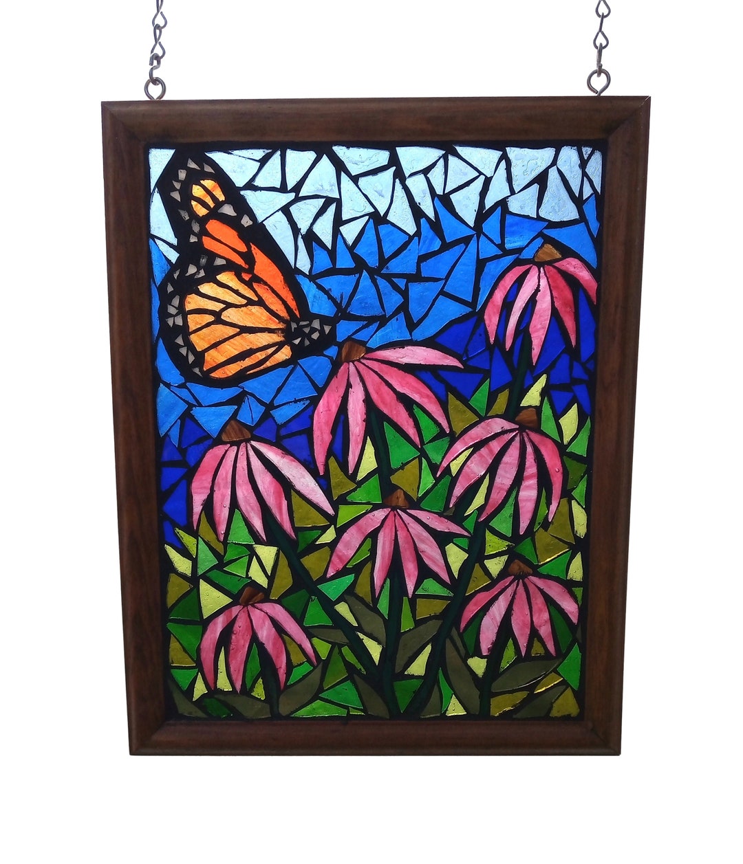 Monarch Stained Glass Mosaic Panel for Hanging in Window, Orange ...