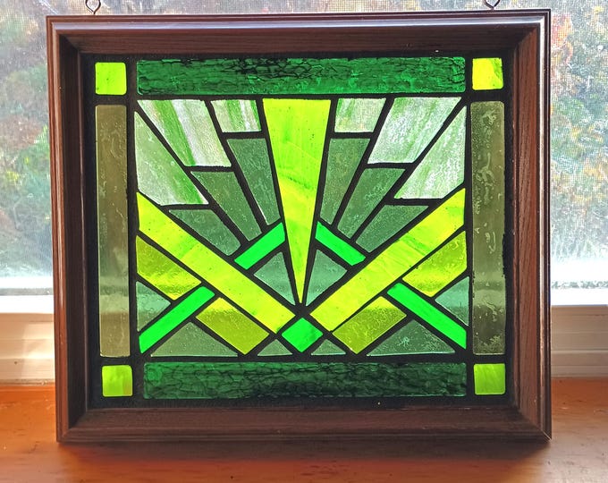 Green Art Deco Fan Mosaic Stained Glass Panel Window Hanging ...