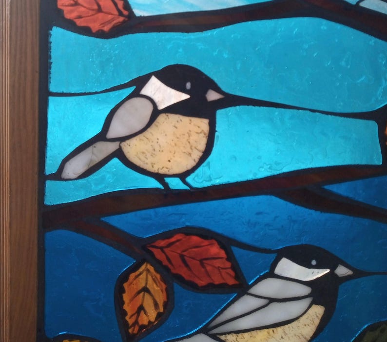 Stained Glass Chickadee Mosaic Panel: Autumn Leaves, Vintage Wood Frame ...