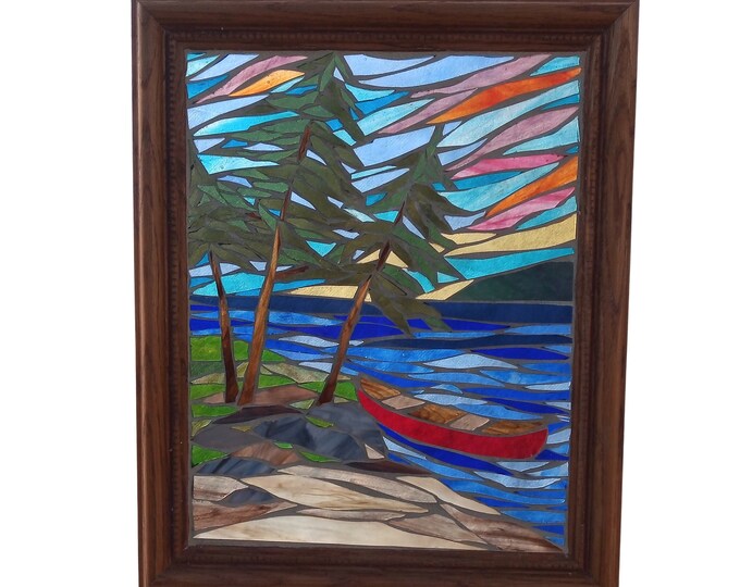 Canoe by a Lake Stained Glass Mosaic Hybrid Panel for Hanging in a ...