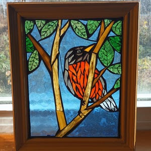 Robin Stained Glass Mosaic Panel for Hanging in Window, Spring American ...