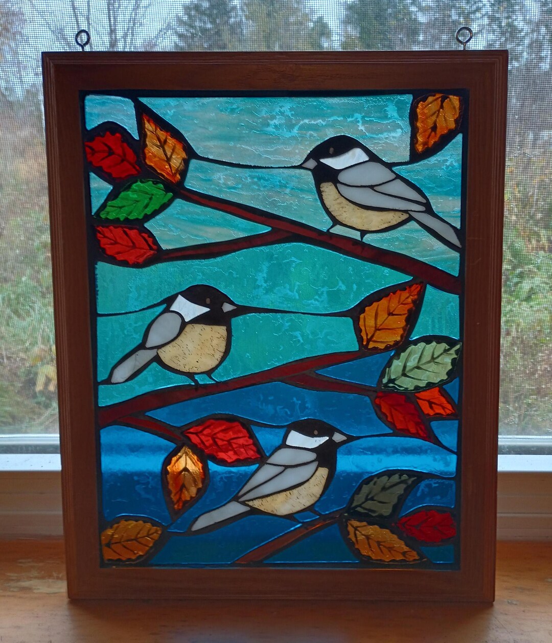 Stained Glass Chickadee Mosaic Panel: Autumn Leaves, Vintage Wood Frame ...