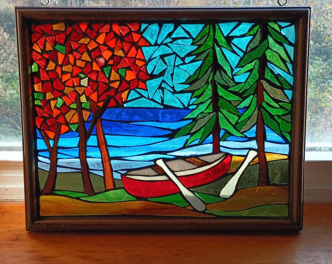 Canoe by a River Fall Landscape, Stained Glass Mosaic Hybrid Panel for ...