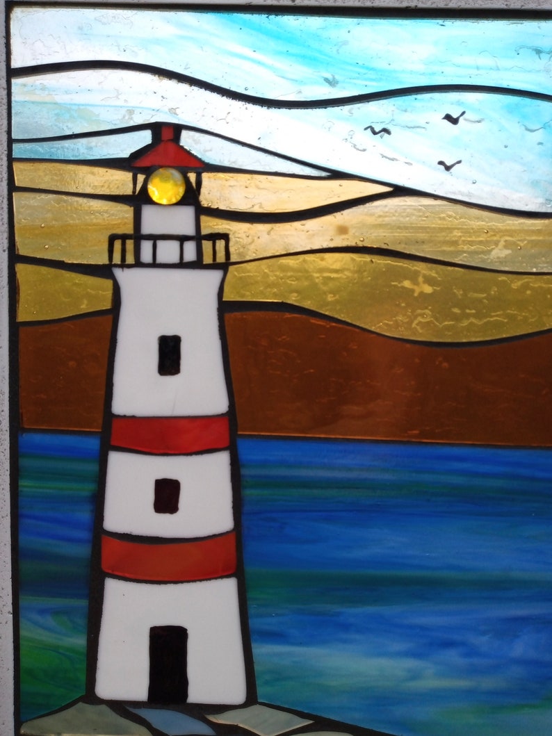 Round Lighthouse Ocean Landscape Stained Glass Mosaic Panel | Etsy