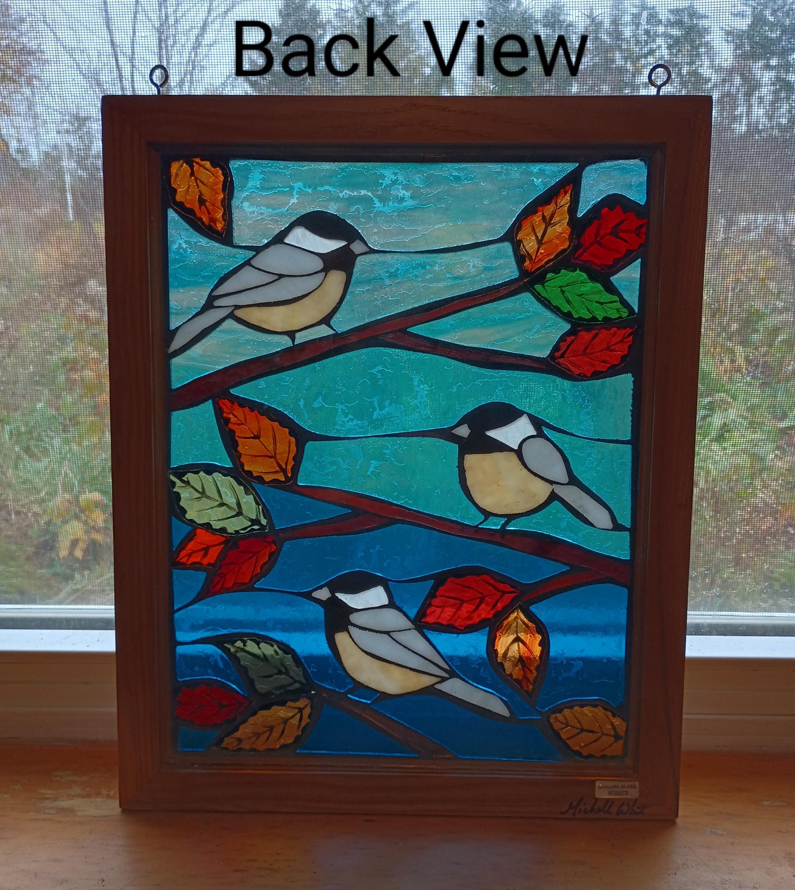 Stained Glass Chickadee Mosaic Panel: Autumn Leaves, Vintage Wood Frame ...