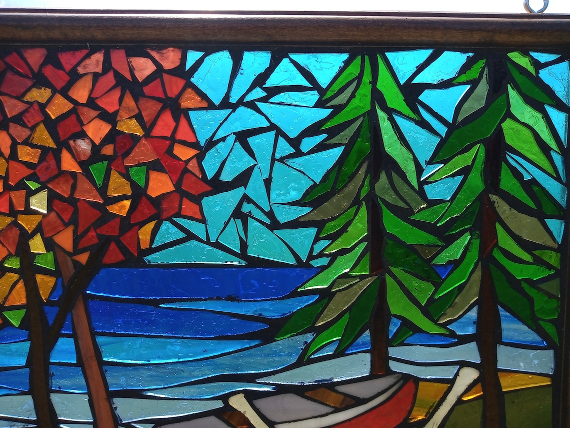 Canoe by a River Fall Landscape Stained Glass Mosaic Hybrid - Etsy