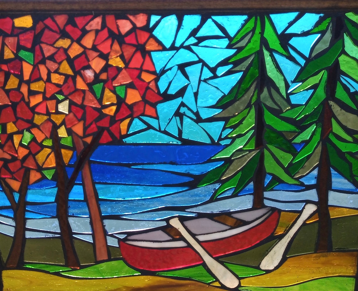 Canoe by a River Fall Landscape Stained Glass Mosaic Hybrid - Etsy