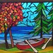 Canoe by a River Fall Landscape, Stained Glass Mosaic Hybrid Panel for ...