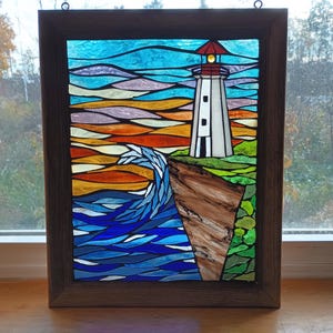 Lighthouse on a Cliff Ocean Scene Created Using Stained Glass Mosaic ...