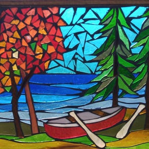 Canoe by a River Fall Landscape, Stained Glass Mosaic Hybrid Panel for ...