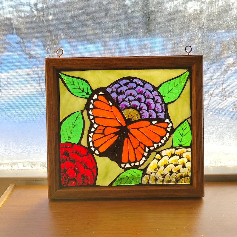 Stained Glass Monarch Butterfly Mosaic: Zinnia Flower Garden Art, 10 1/ ...