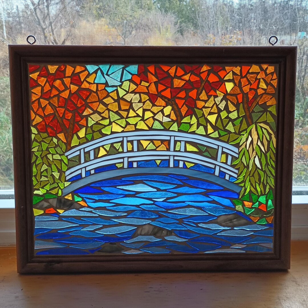 Fall Bridge Over Stream Stained Glass Mosaic: Artwork for Hanging in ...