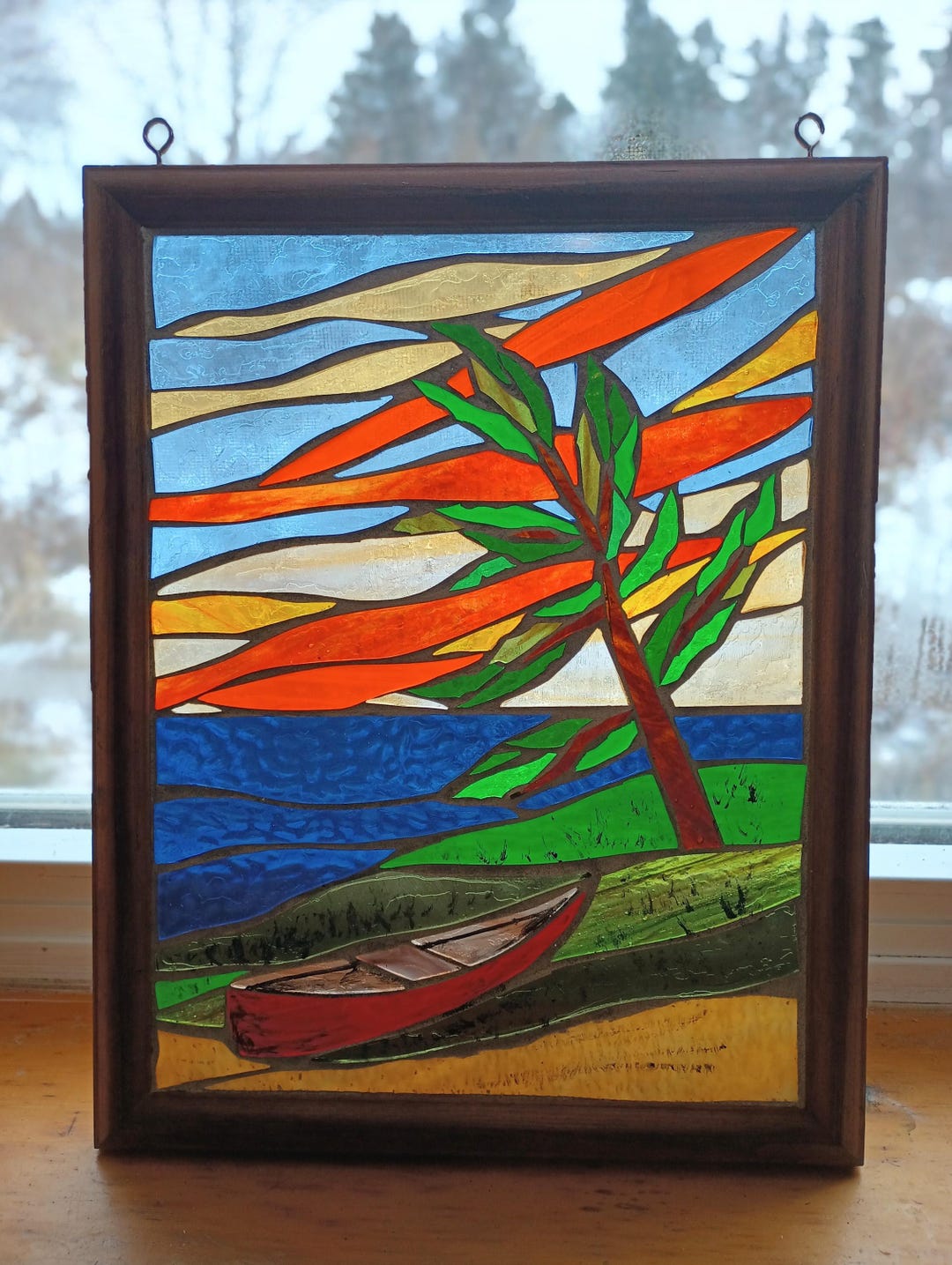 Canoe on Lake by Pine Tree Stained Glass Mosaic: Artwork for Hanging in ...