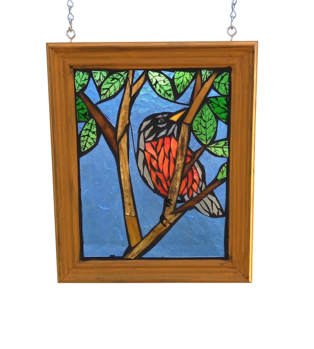 Robin Stained Glass Mosaic Panel for Hanging in Window, Spring American ...