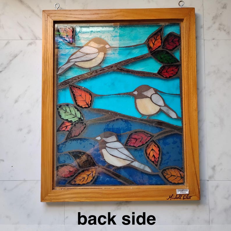 Stained Glass Chickadee Mosaic Panel: Autumn Leaves, Vintage Wood Frame ...