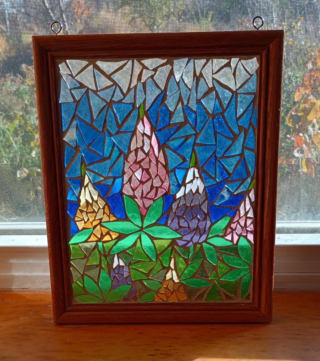 Lupin Stained Glass Mosaic: Floral Garden Art in Upcycled Oak Frame - Etsy
