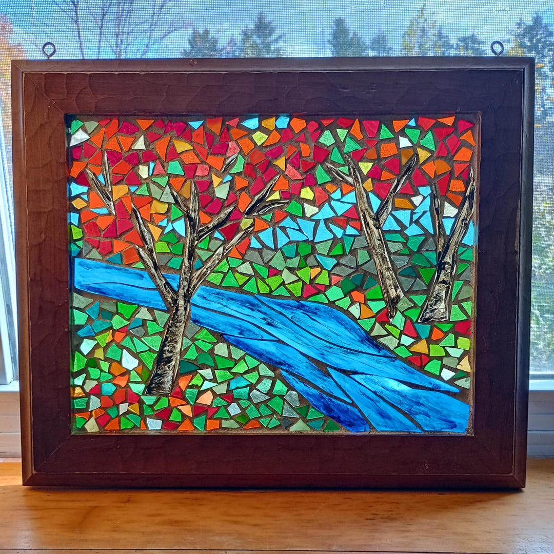 Maple Trees With Stream Stained Glass Mosaic: Artwork for Hanging in a ...