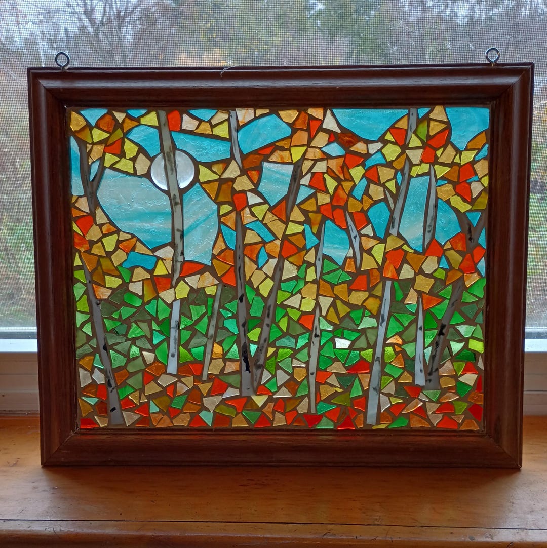 Birch Tree Stained Glass Mosaic: Artwork for Hanging in a Window - Etsy