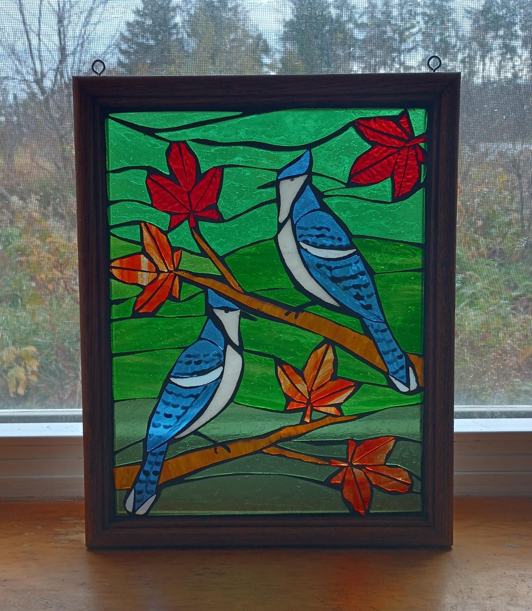 Stained Glass Blue Jay Mosaic: Autumn Maple Leaves, Repurposed Wood ...