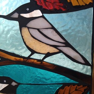 Chickadee Stained Glass Mosaic Panel for Hanging in Window, Birds in a ...
