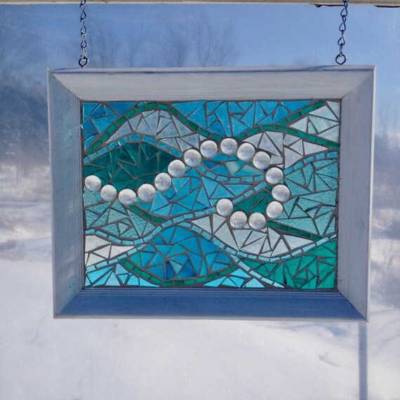 Turquoise Blue Stained Glass Ocean Wave Mosaic Panel for | Etsy