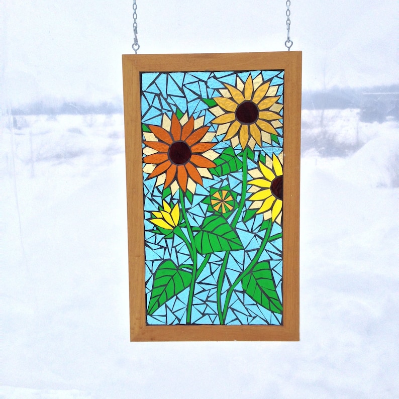 Sunflower Stained Glass Panel Mosaic Sunflowers Window Etsy
