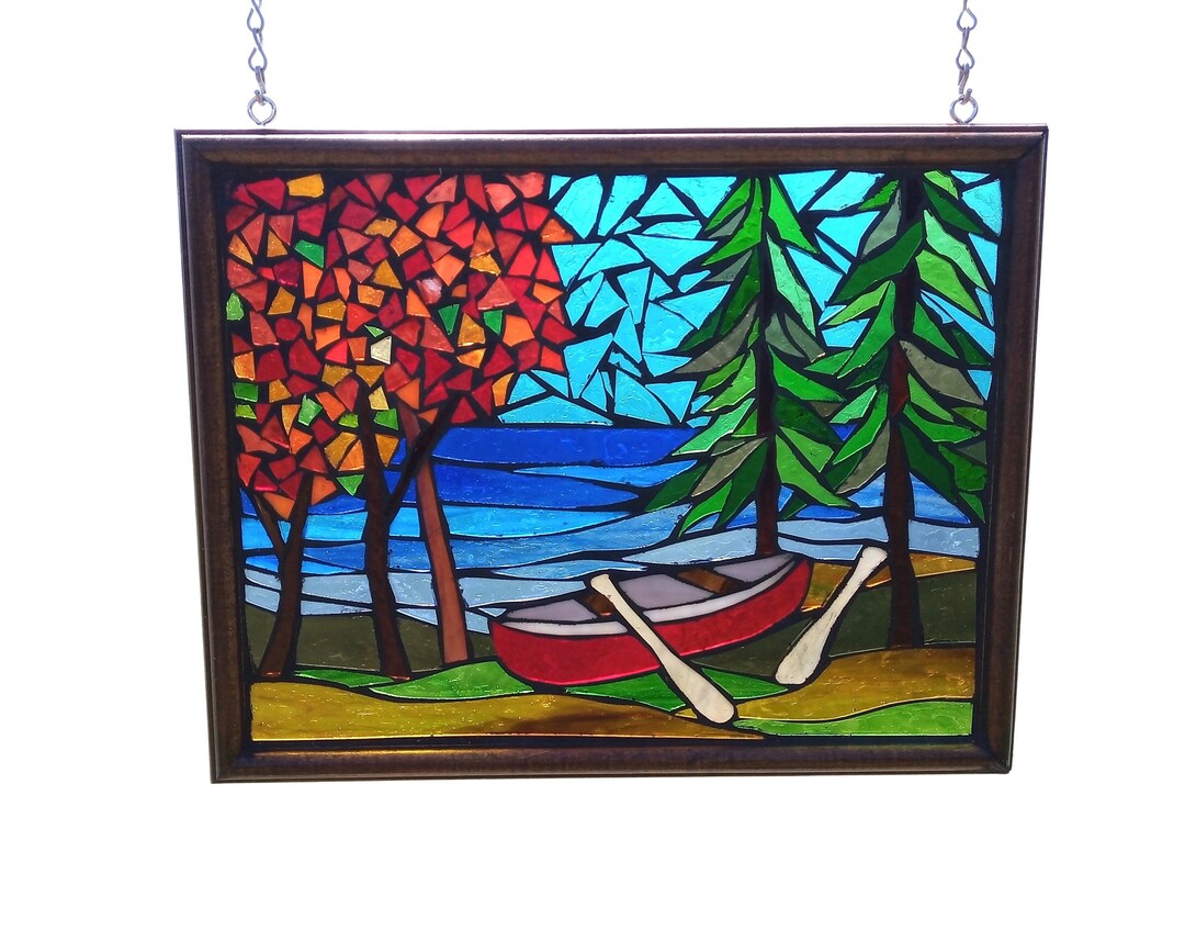 Canoe by a River Fall Landscape, Stained Glass Mosaic Hybrid Panel for ...