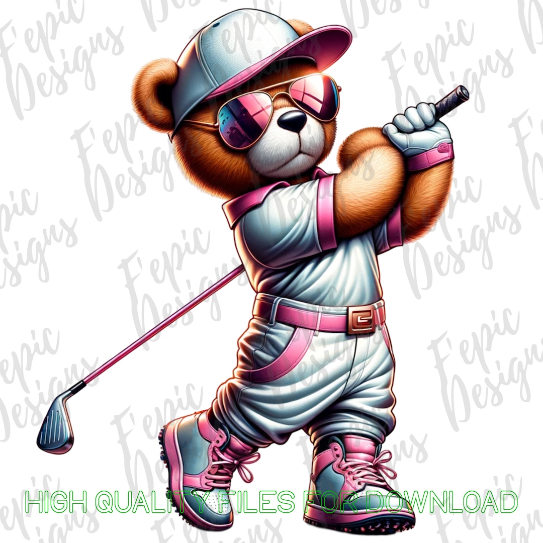Golf Teddy Bear Cartoon- Digital Download PNG, JPEG - Golfer Pink White ...