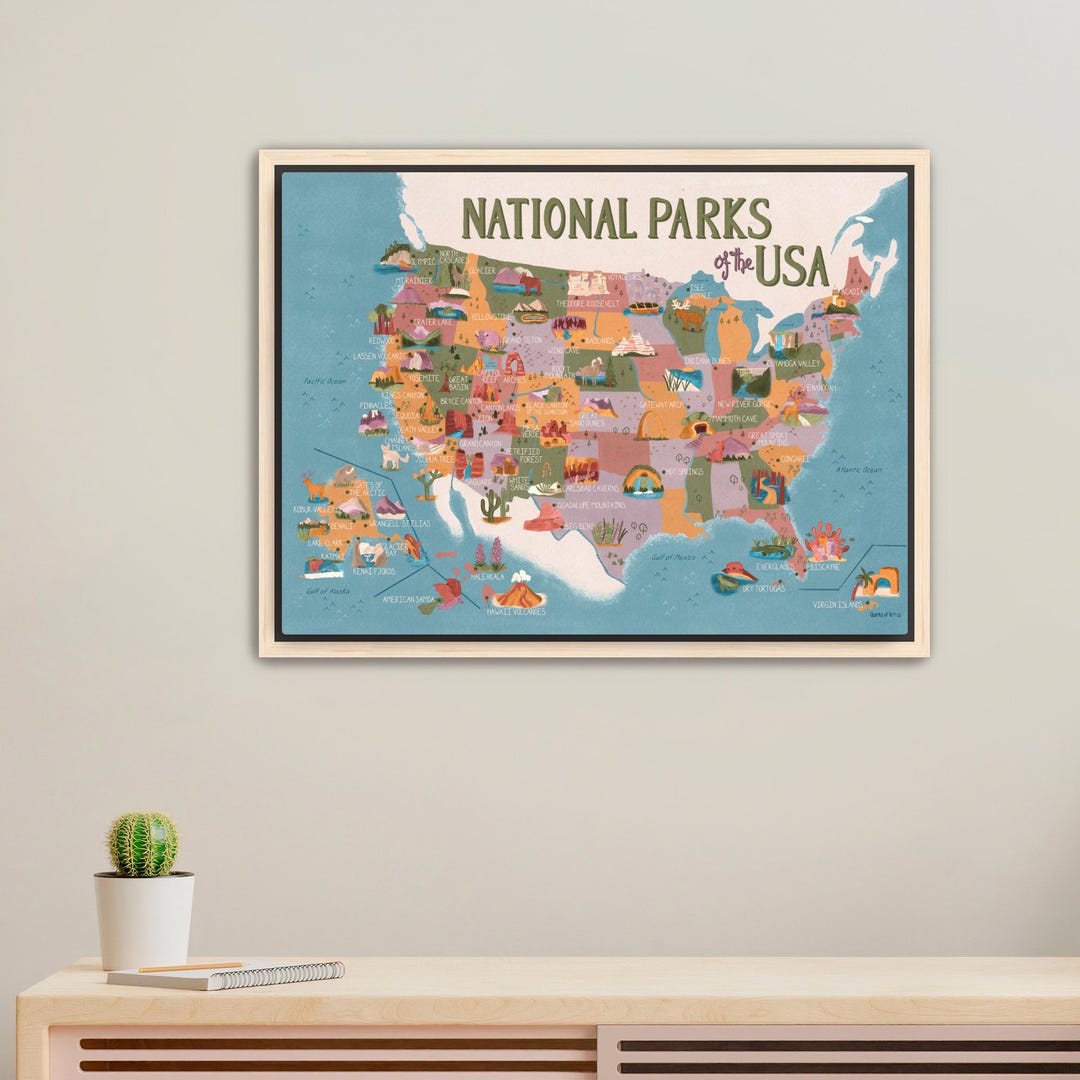 National Parks Map Art Print: USA Illustrated Wall Decor, Framed Canvas ...