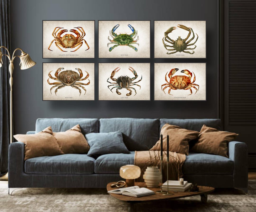 Rustic Vintage Crab Art Print Set • Marine Life Wall Decor • Coastal ...