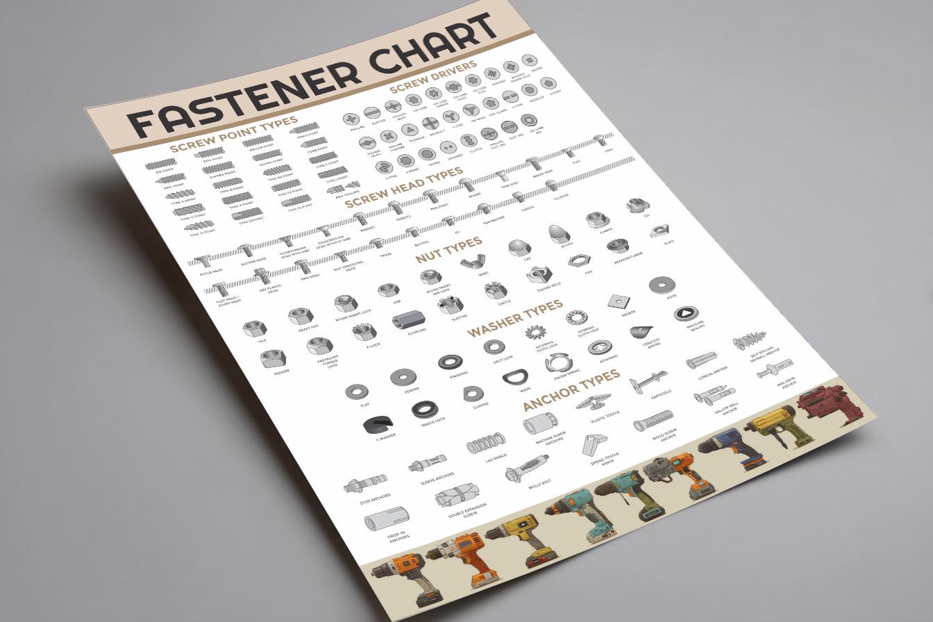 FASTENER CHART – Printable Poster | Screw Types, Nut Types, Washer ...