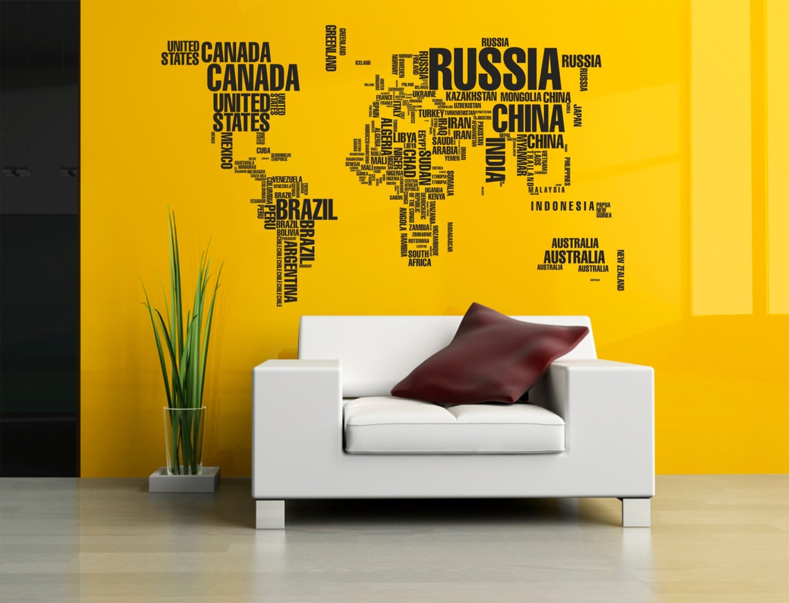 Large World Map in Words Removable Vinyl Wall Sticker Decal Mural Art ...