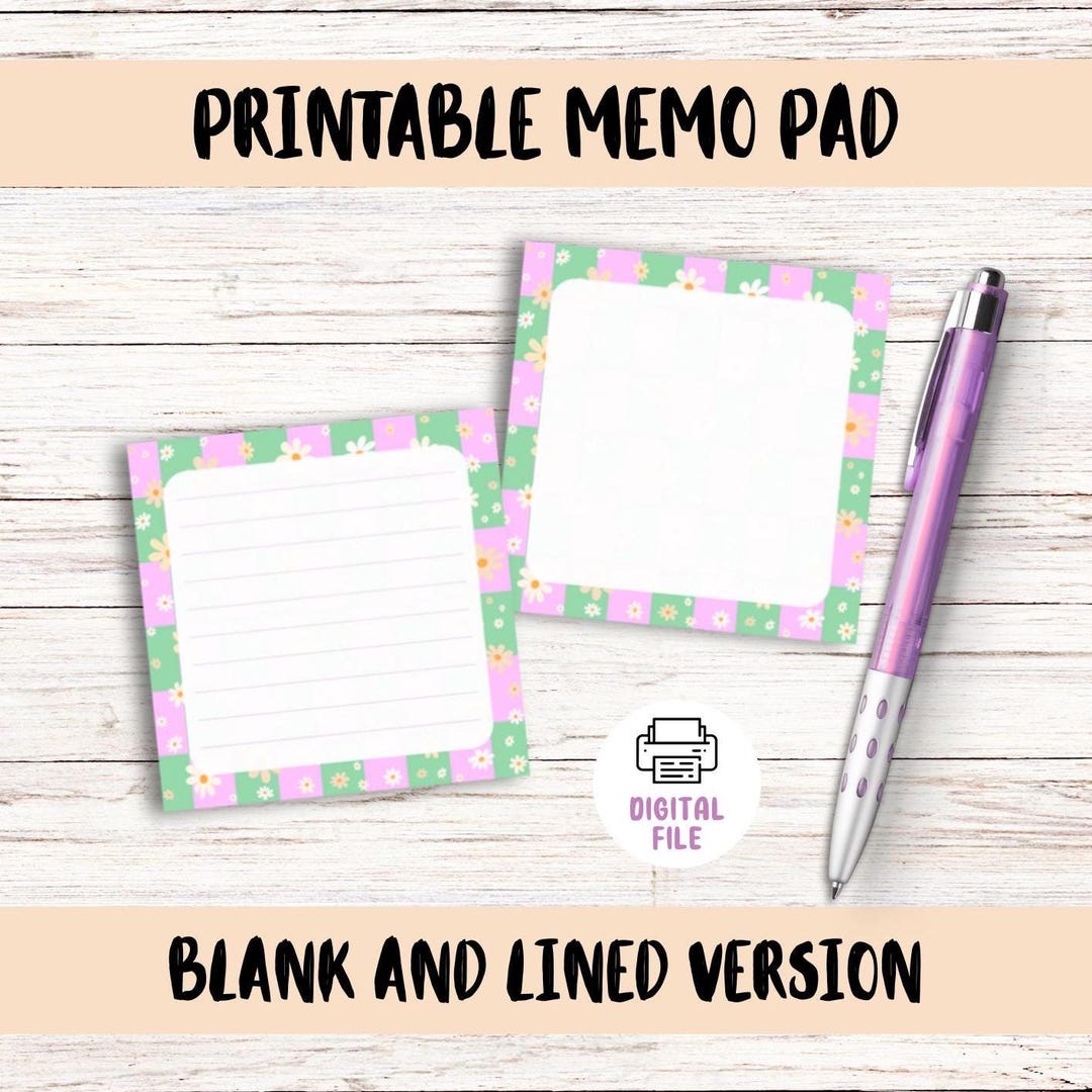 Printable Checkered Memopad Flowery Cute Notepad Checkered Memo Pad ...