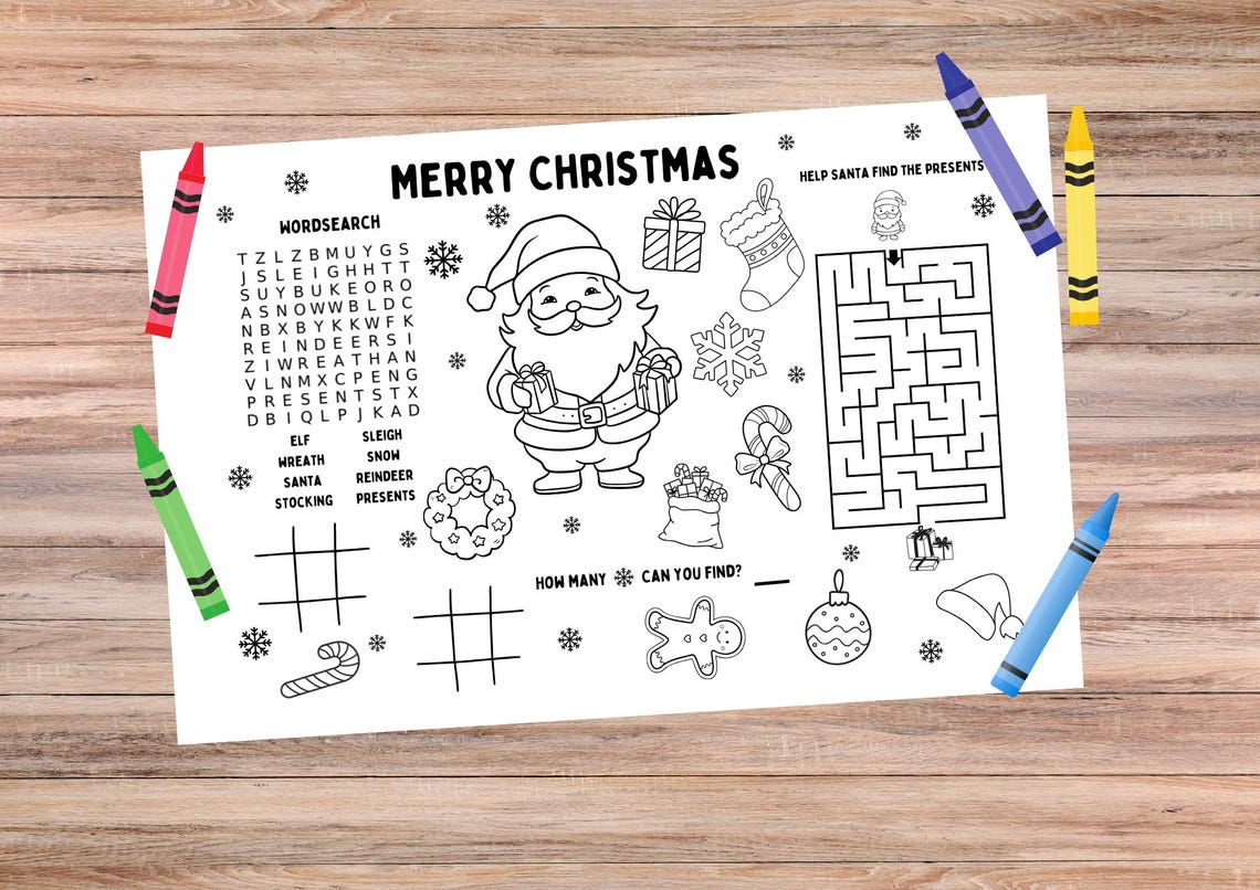 Printable Christmas Activity Placemat Sheet Christmas Coloring Sheet ...