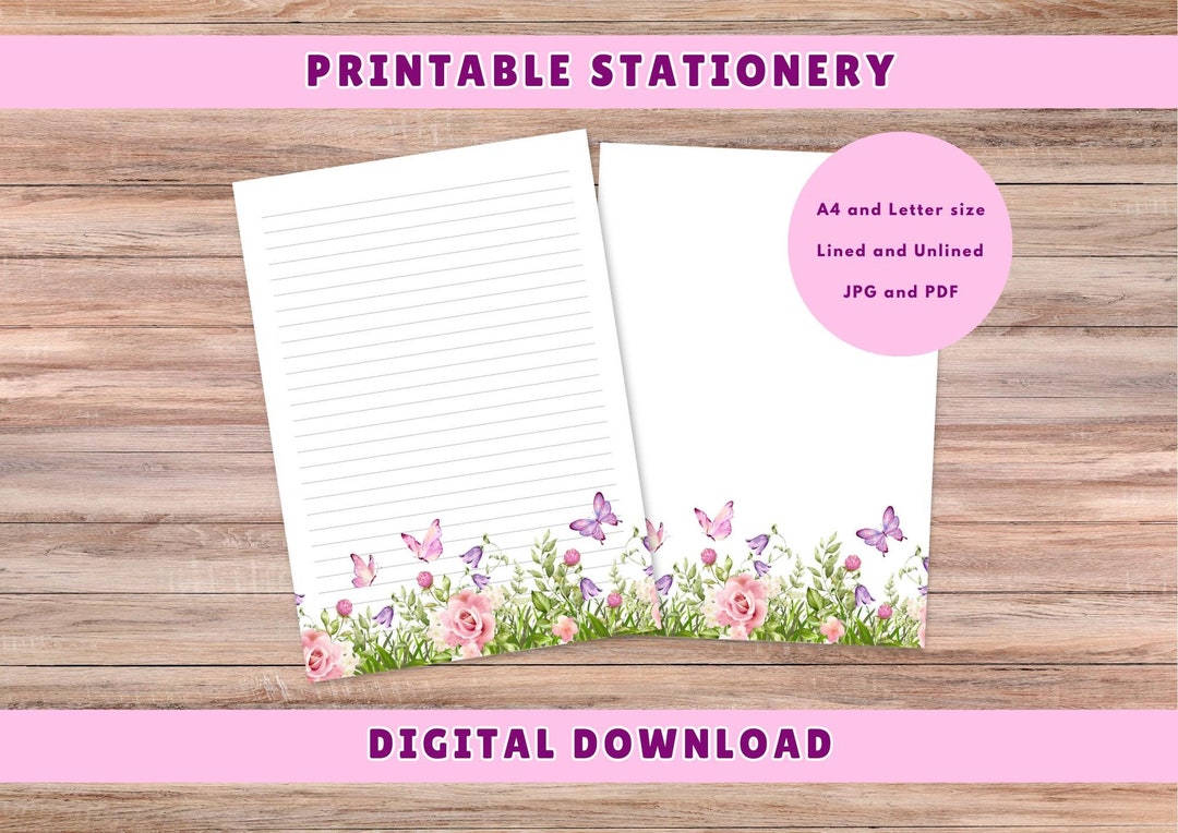 Printable Floral Lined Paper Butterfly Notepad Printable Writing Paper ...