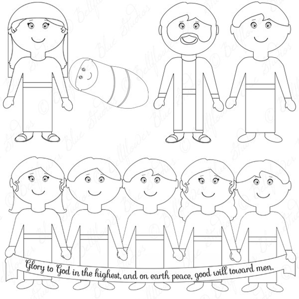 The Nativity / First Christmas Digital Clipart (black & White Line Art ...