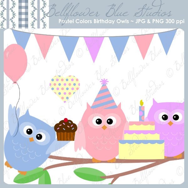 Birthday Owls Digital Clipart (pastel Colors) - Etsy