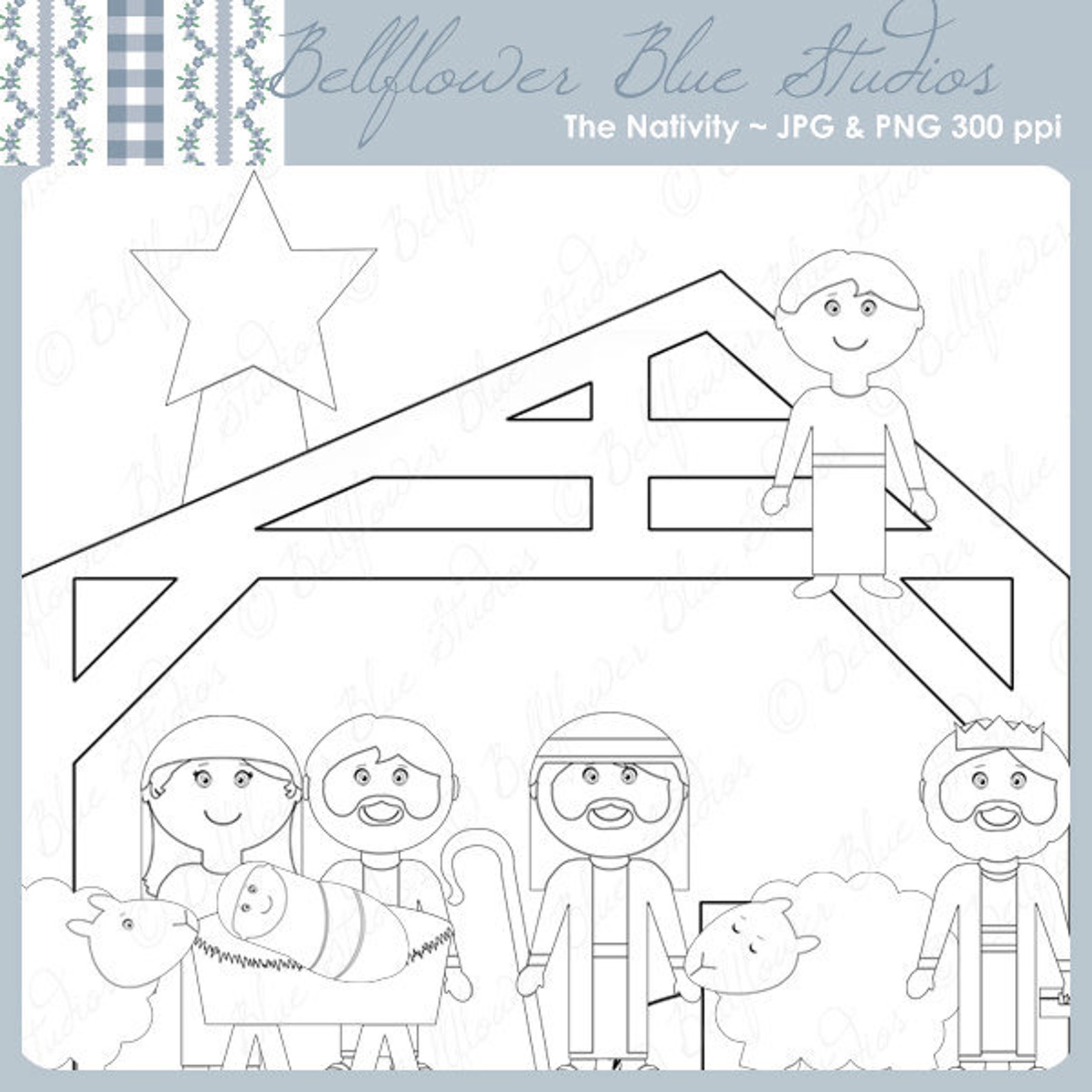 The Nativity / First Christmas Digital Clipart (black & White Line Art ...