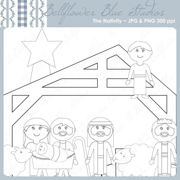 The Nativity / First Christmas Digital Clipart (black & White Line Art ...
