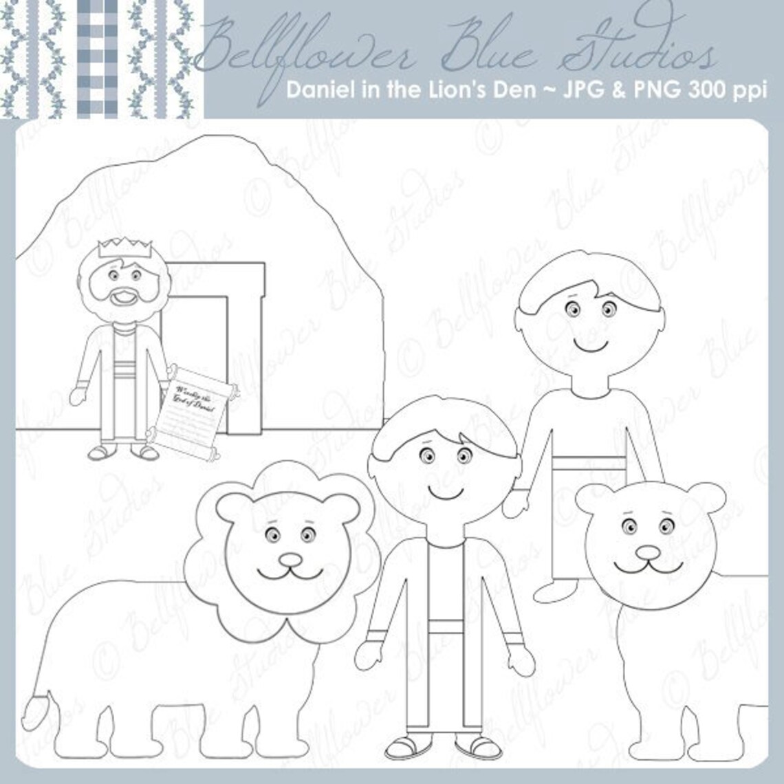 Daniel in the Lion's Den Digital Clipart (black & White Line Art ...