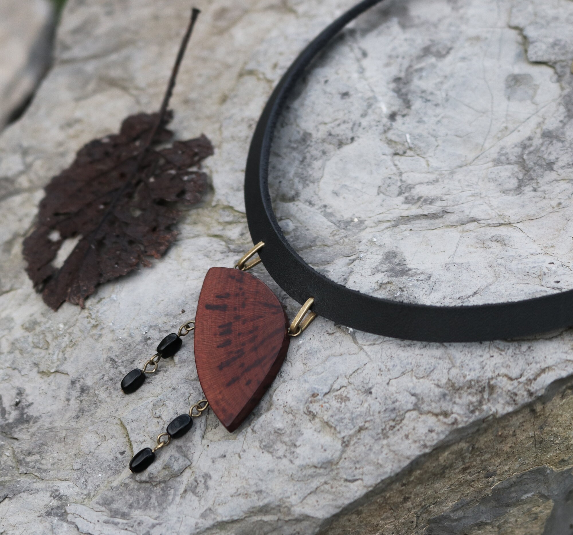 Wood Pendant Necklace, Leather Choker, Wooden Abstract Necklace , Art ...