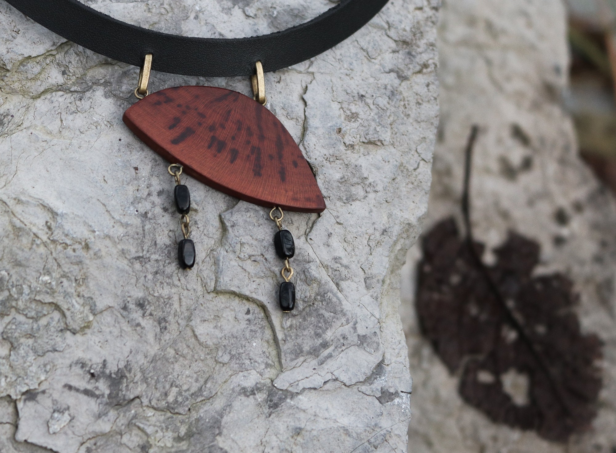 Wood Pendant Necklace, Leather Choker, Wooden Abstract Necklace , Art ...