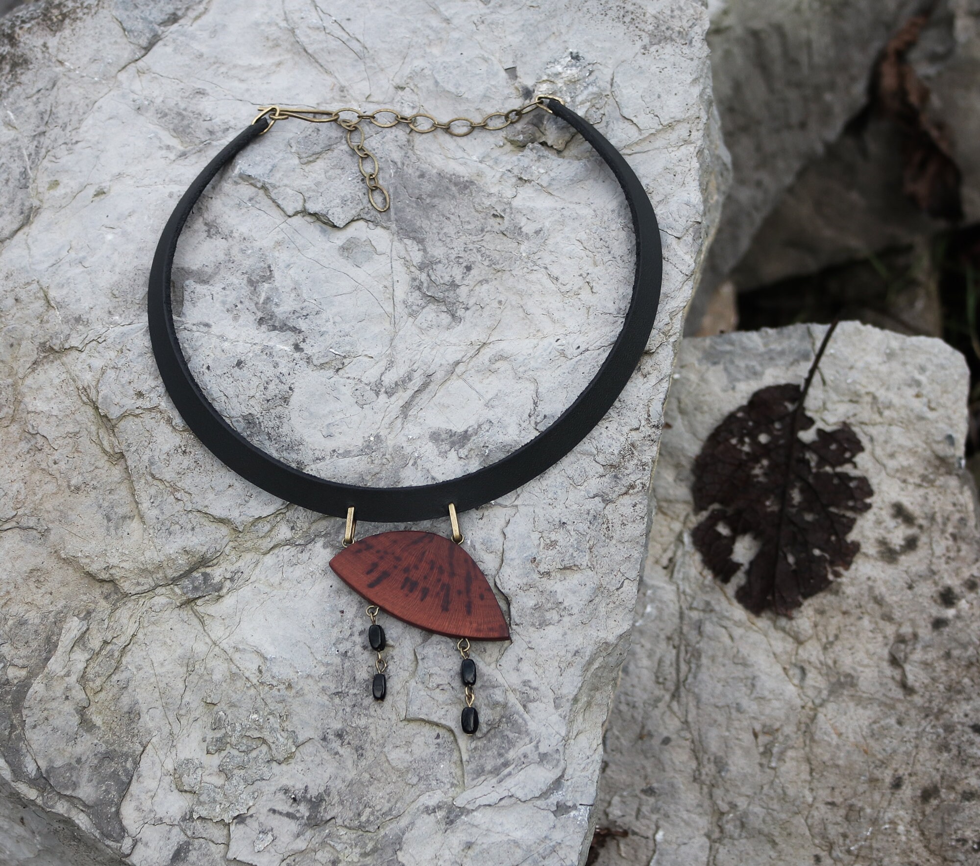 Wood Pendant Necklace, Leather Choker, Wooden Abstract Necklace , Art ...