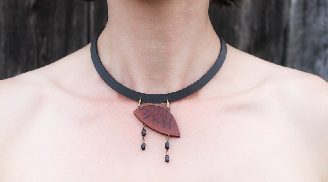 Wood Pendant Necklace, Leather Choker, Wooden Abstract Necklace , Art ...