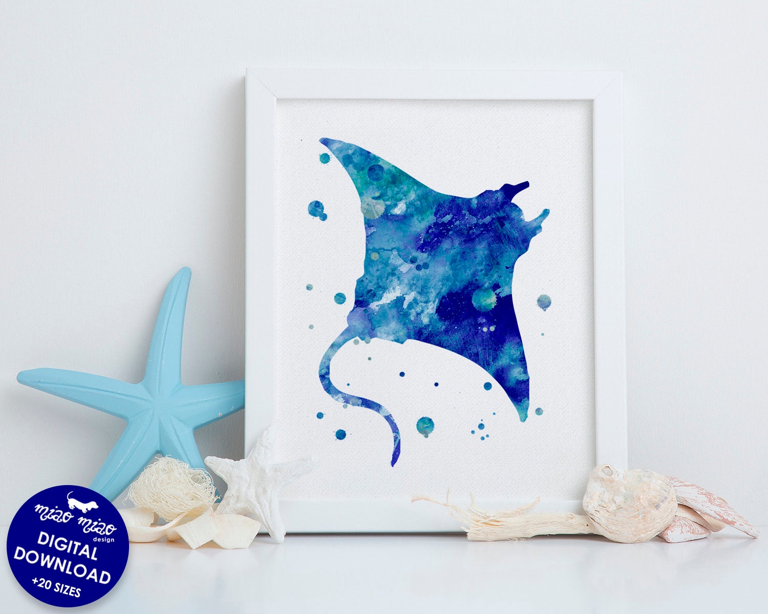 Manta Ray Art Watercolor Painting Digital Download Beach | Etsy