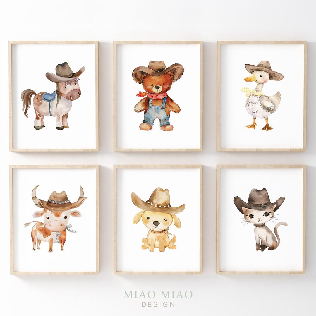 Cowboy Animals Watercolor Nursery Art, Set of 6 Prints, Western Room ...